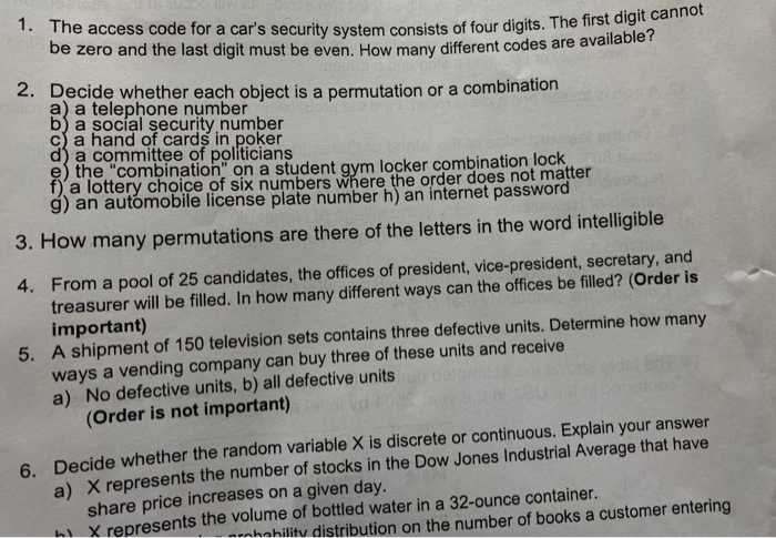 Solved 1. The access code for a car's security system | Chegg.com