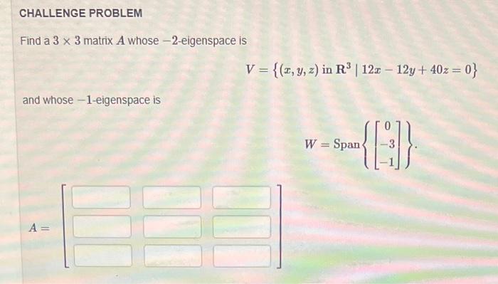 Solved Find a 3×3 matrix A whose-2-eigenspace is V={(x,y,z) | Chegg.com