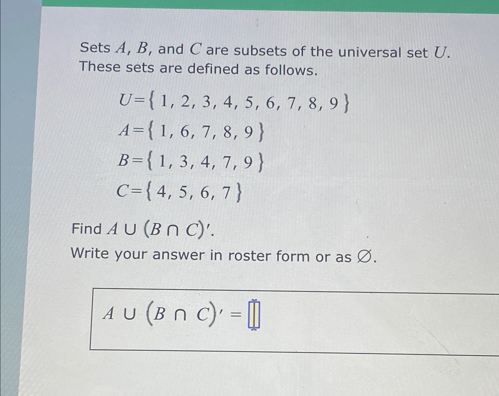 Solved Sets A,B, ﻿and C ﻿are subsets of the universal set U. | Chegg.com