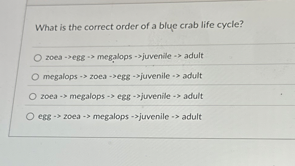 Solved What is the correct order of a blue crab life | Chegg.com