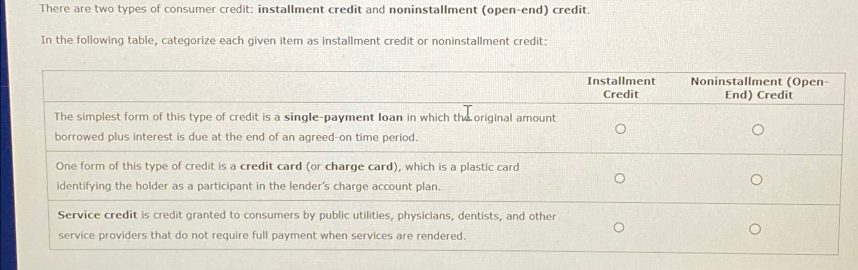 Solved There are two types of consumer credit: installment | Chegg.com