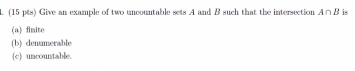 Solved 1. (15 pts) Give an example of two uncountable sets A | Chegg.com