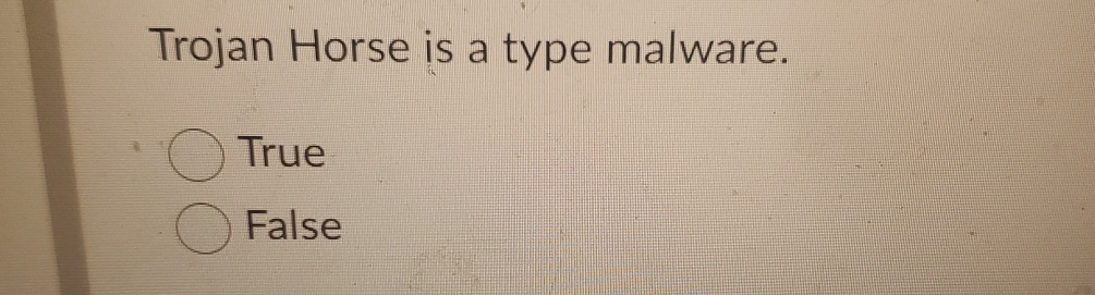 Solved Trojan Horse is a type malware.TrueFalse | Chegg.com