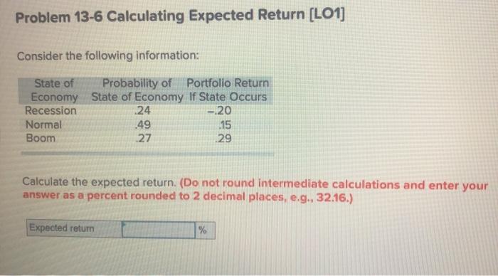 Solved Problem 13-6 Calculating Expected Return [LO1] | Chegg.com