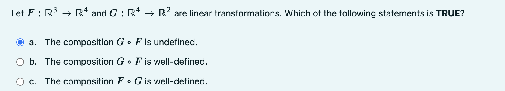 Solved Let F:R3→R4 ﻿and G:R4→R2 ﻿are linear transformations. | Chegg.com