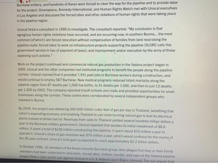 Solved a brief background on Unocal in Burma and reasons why | Chegg.com