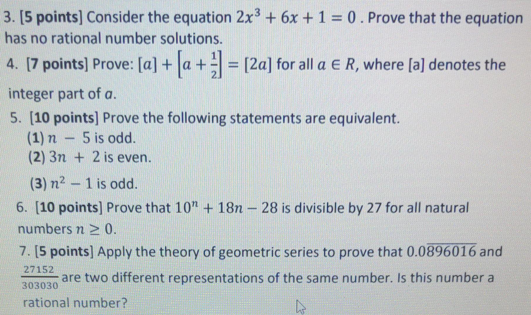Solved 3. [5 points] Consider the equation 2x3+6x+1=0. Prove | Chegg.com