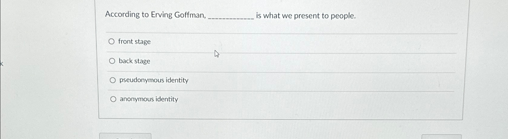 Solved According to Erving Goffman, is what we present to | Chegg.com