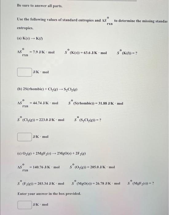Solved Be sure to answer all parts. Use the following values | Chegg.com