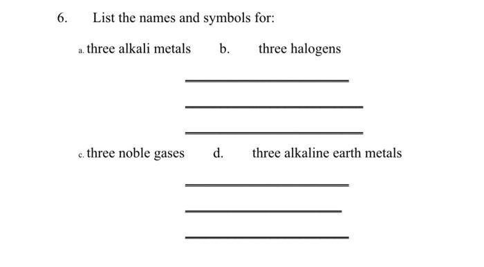 Solved 6. List the names and symbols for: a. three alkali | Chegg.com