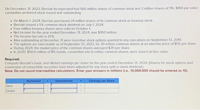 Solved On December 31, 2023, Berclair Incorporated had 340 | Chegg.com
