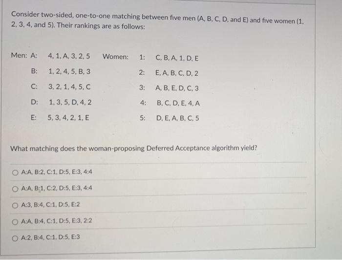 Solved Consider two-sided, one-to-one matching between five | Chegg.com