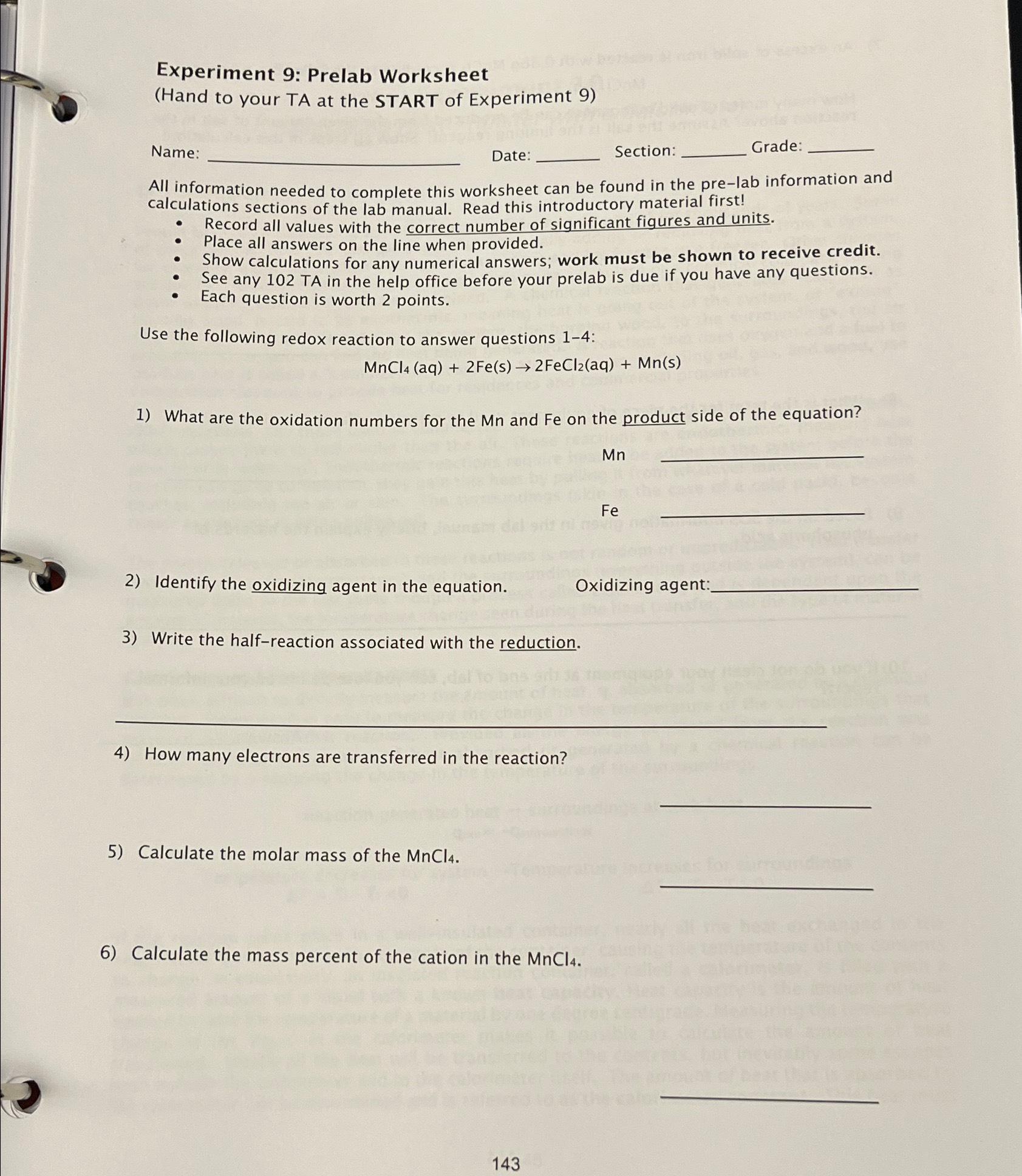 Solved Experiment 9: Prelab Worksheet(Hand to your TA at the | Chegg.com