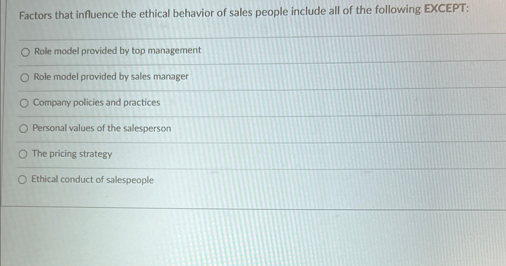 Solved Factors that influence the ethical behavior of sales | Chegg.com
