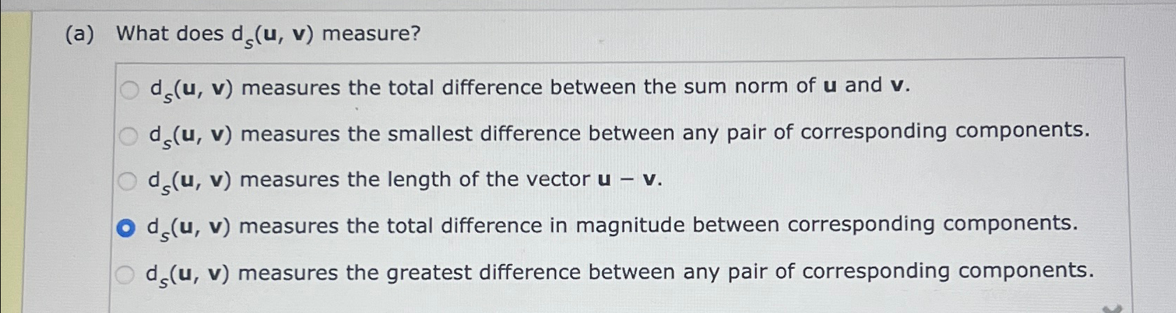Solved (a) ﻿What does ds(u,v) ﻿measure?ds(u,v) ﻿measures the | Chegg.com
