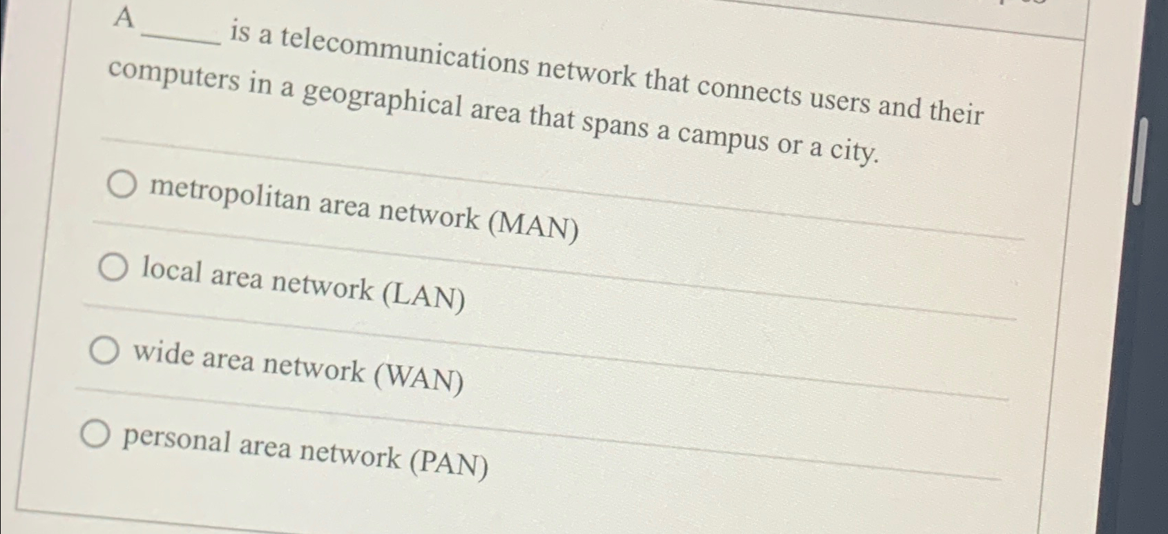 Solved A is a telecommunications network that connects users | Chegg.com