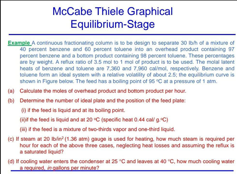Solved Example A continuous fractionating column is to be | Chegg.com