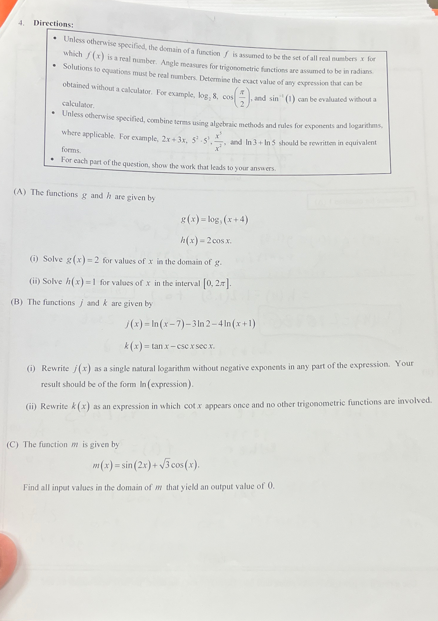 Solved Directions:Unless otherwise specified, the domain of | Chegg.com