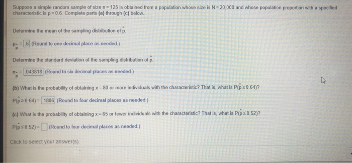 Solved Suppose a simple random sample of size n = 125 is | Chegg.com
