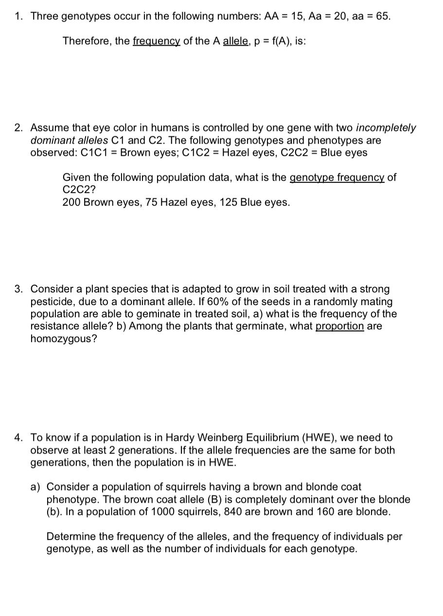 Solved Three genotypes occur in the following numbers: | Chegg.com