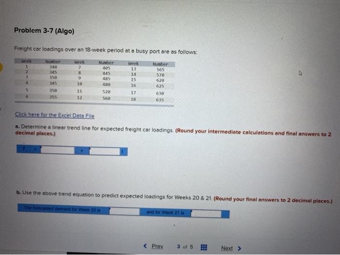 Solved Problem 3-7 (Algo) Freight car loadings over an | Chegg.com