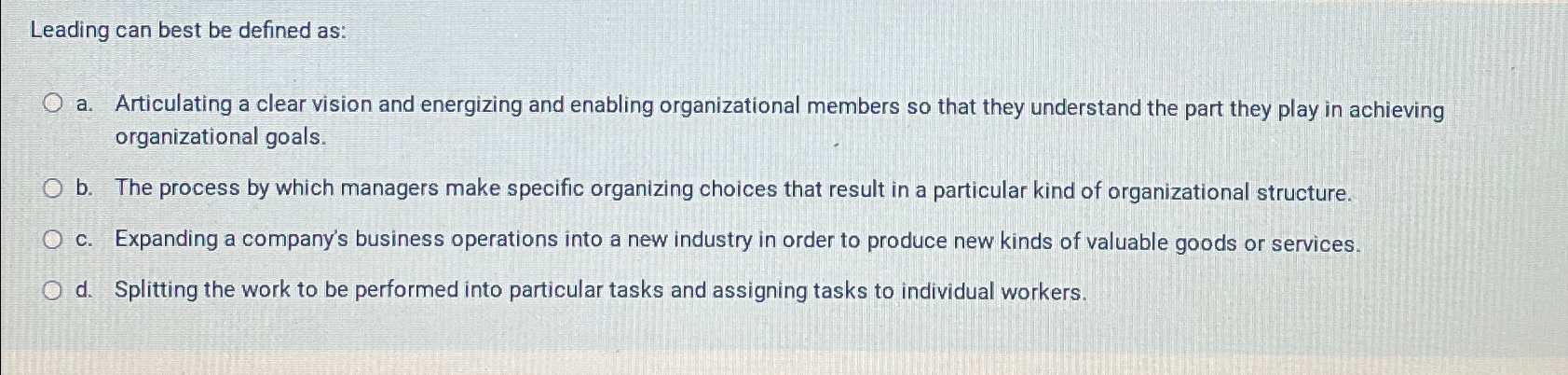 Solved Leading can best be defined as:a. ﻿Articulating a | Chegg.com