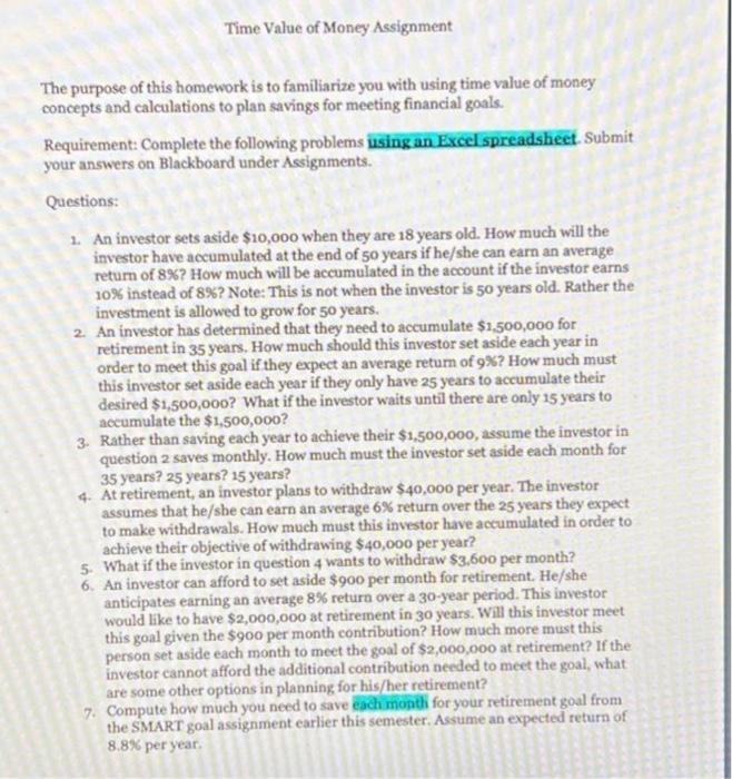 Solved Time Value of Money Assignment The purpose of this | Chegg.com