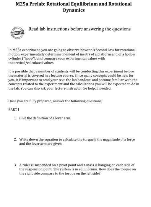 Solved M25a Prelab: Rotational Equilibrium and Rotational | Chegg.com