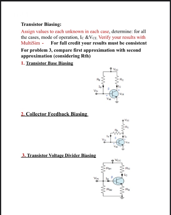 Transistor Biasing: Assign values to each unknown in | Chegg.com