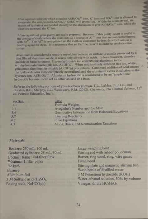 Solved Experiment Synthesis of Alum, KAl(SO.W.128,0 | Chegg.com