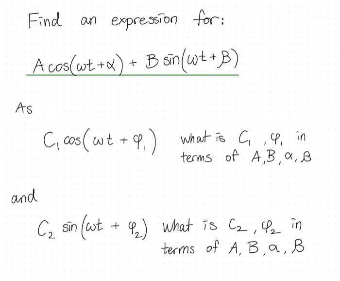 Solved Find an expression for: Acos(wt +x) + B sîn(wt+B) Q + | Chegg.com
