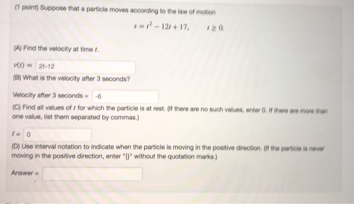 Solved (1 point) Suppose that a particle moves according to | Chegg.com