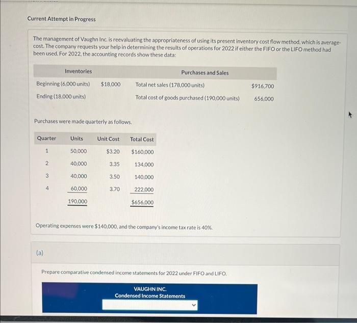 Solved Current Attempt in Progress The management of Vaughn | Chegg.com