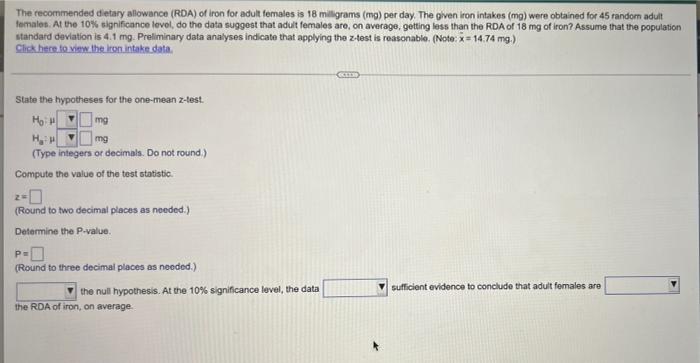 Solved The recommended dietary allowance (RDA) of iron for | Chegg.com