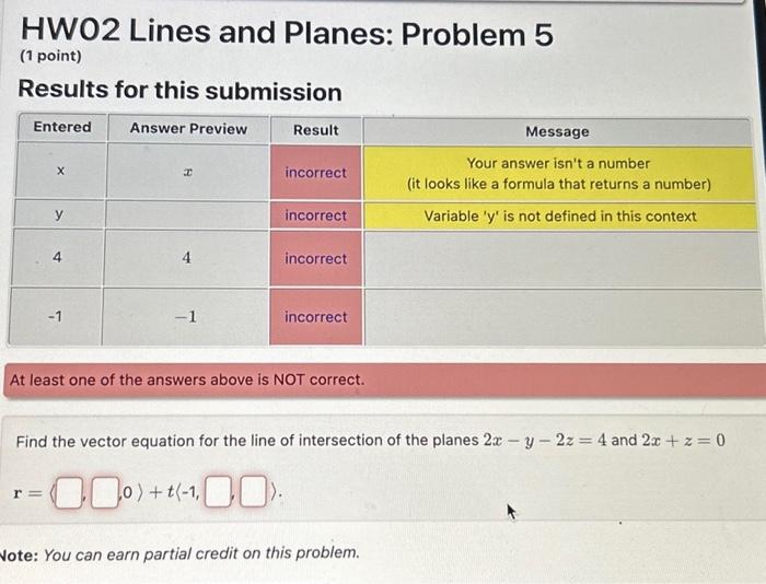 Solved HWO2 Lines and Planes: Problem 5 (1 point) Results | Chegg.com