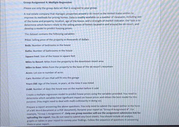 Solved Group Assignment 4: Multiple Regression Please use | Chegg.com
