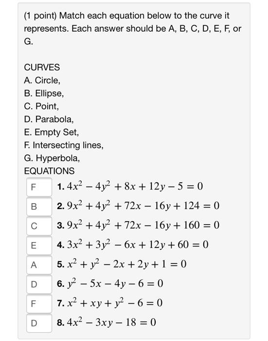 Solved (1 point) Match each equation below to the curve it | Chegg.com
