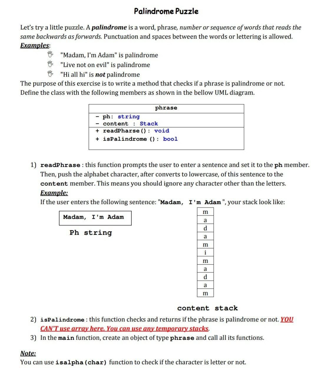 Solved Palindrome Puzzle Let's try a little puzzle. A | Chegg.com
