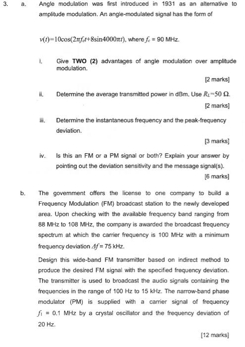 Solved a. Angle modulation was first introduced in 1931 as | Chegg.com