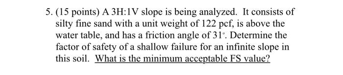 Solved 5. (15 points) A 3H:1V slope is being analyzed. It | Chegg.com