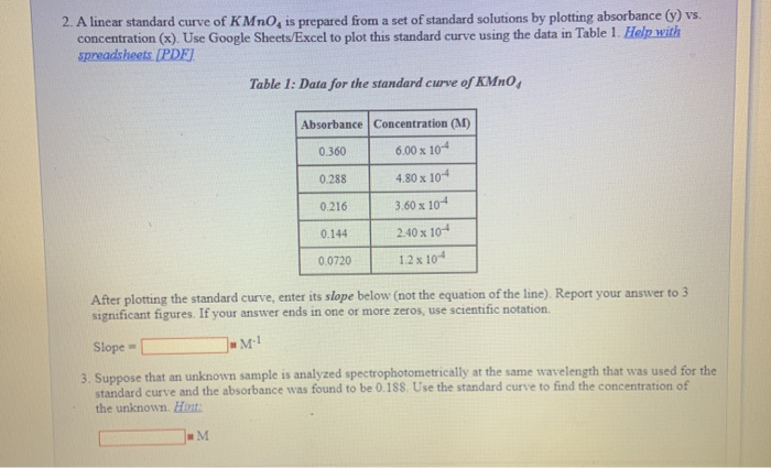 Solved 2. A linear standard curve of KMnO, is prepared from | Chegg.com