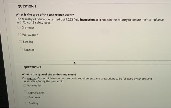 Solved QUESTION 1 What is the type of the underlined error? | Chegg.com