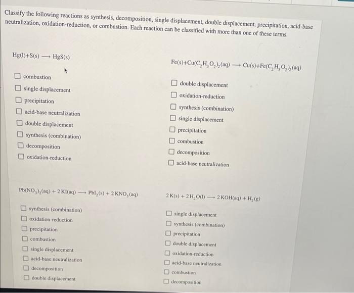 Solved Classify the following reactions as synthesis, | Chegg.com