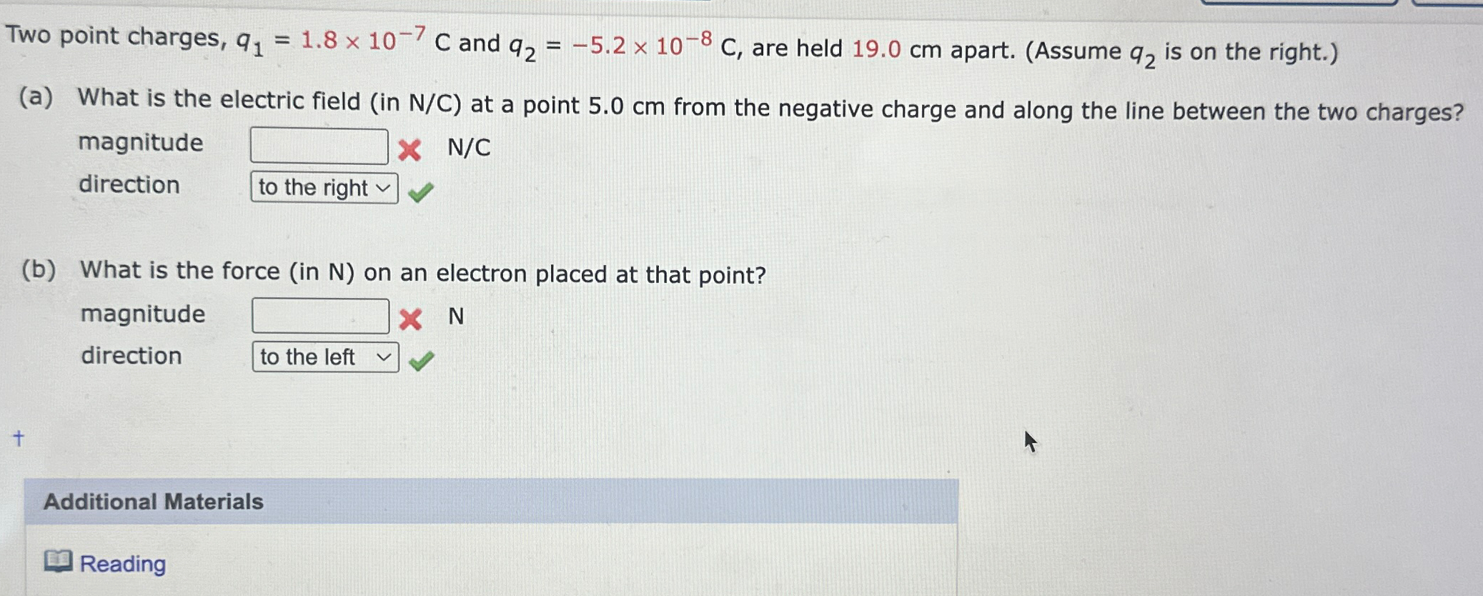 Solved Two point charges, q1=1.8×10-7C ﻿and q2=-5.2×10-8C, | Chegg.com