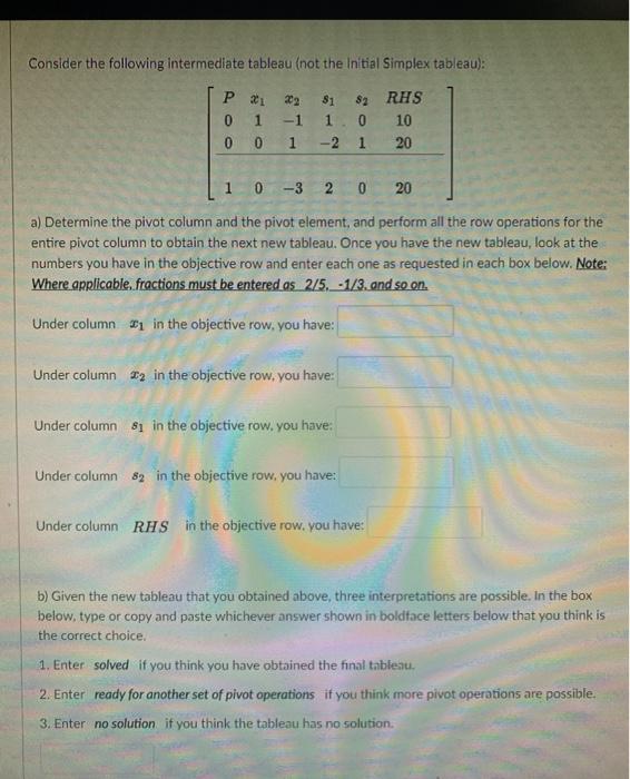 Solved Consider the following intermediate tableau (not the | Chegg.com
