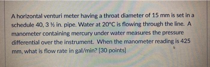 Solved A horizontal venturi meter having a throat diameter | Chegg.com