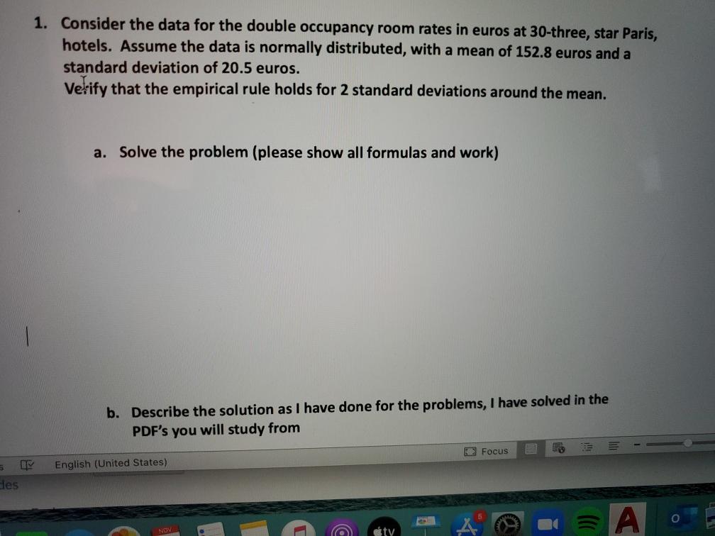 Solved 1. Consider the data for the double occupancy room | Chegg.com