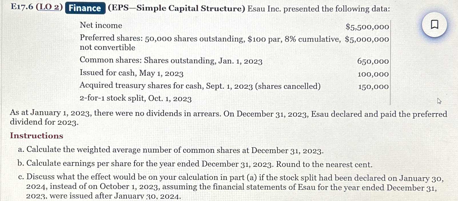 Solved E17.6 (LO 2) ﻿Finance (EPS-Simple Capital Structure) | Chegg.com