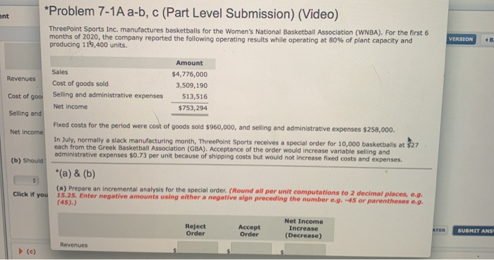 Solved *Problem 7-1A a-b, c (Part Level Submission) (Video) | Chegg.com