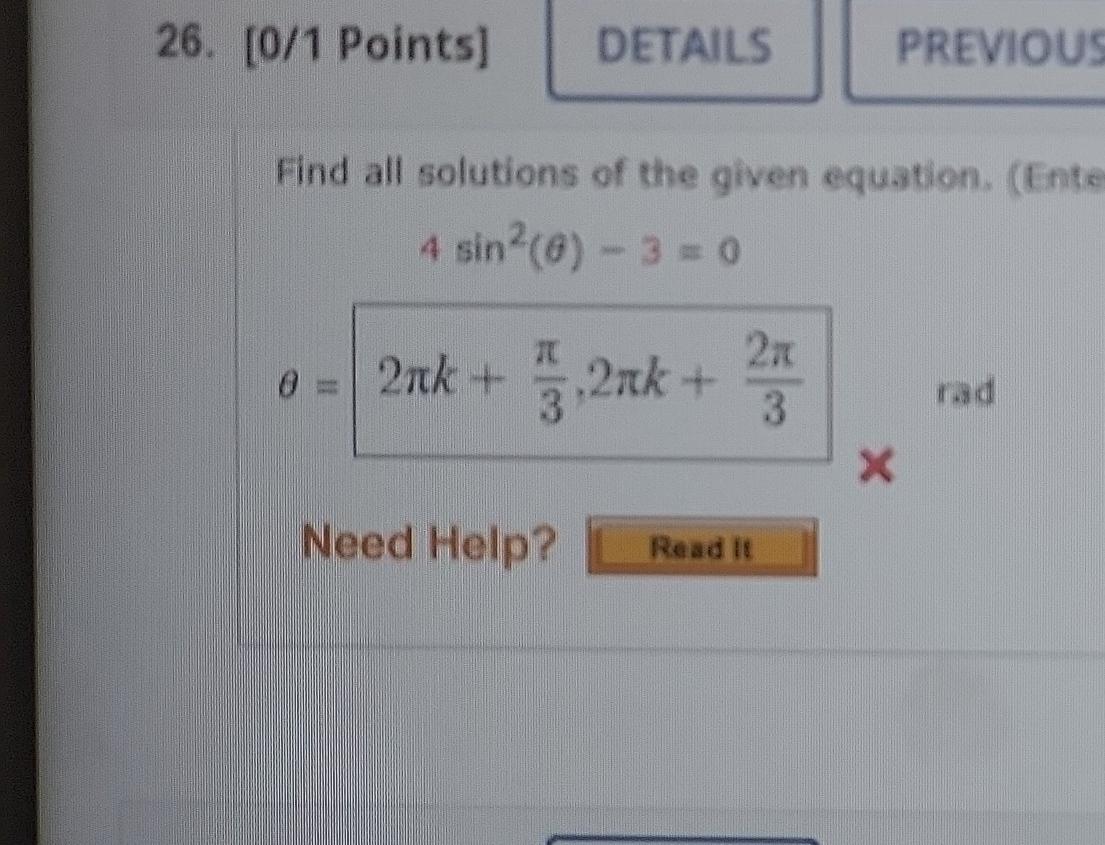 Solved DETAILS PREVIOUS Find all solutions of the given | Chegg.com